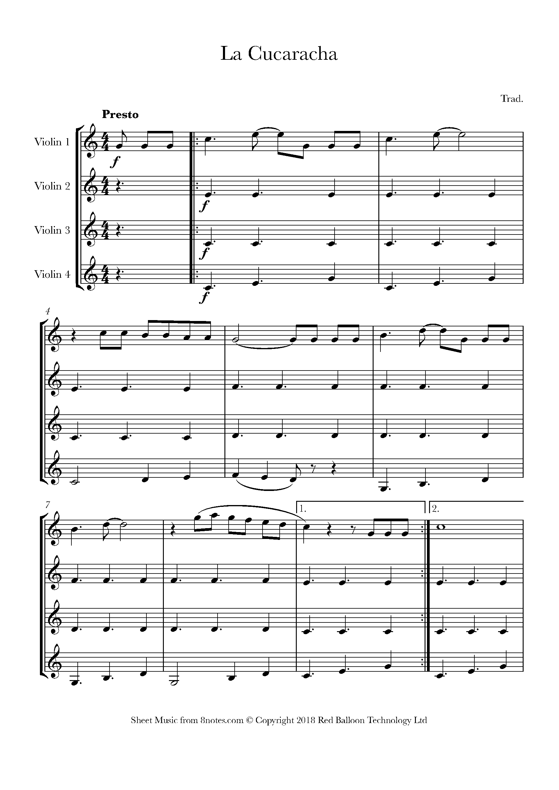 La Cucaracha (Mexico) Sheet music for Violin Quartet - 8notes.com