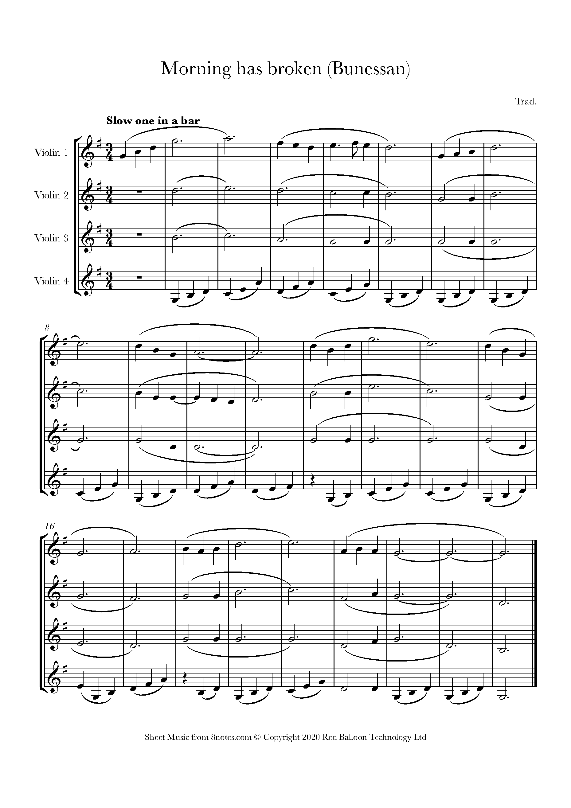 Morning has Broken (Bunessan) Sheet music for Violin Quartet - 8notes.com