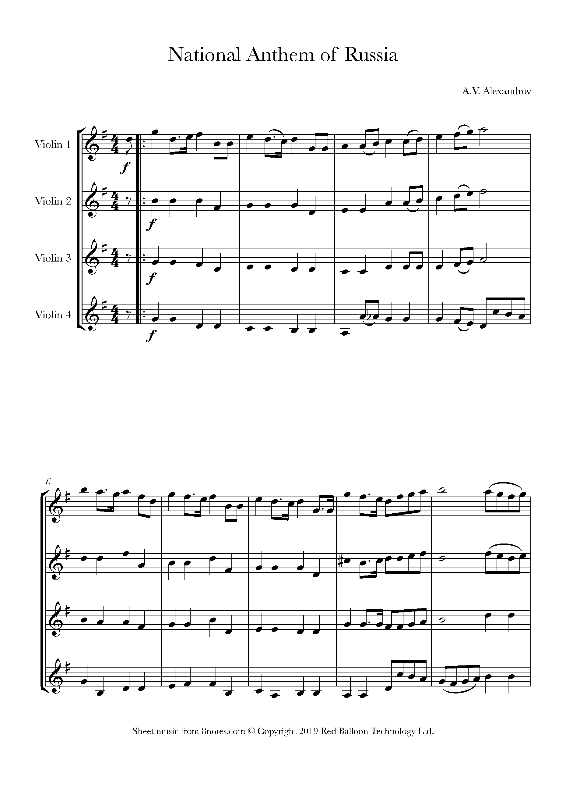 National Anthem of Russia (Alexandrov) Sheet music for Violin Quartet ...