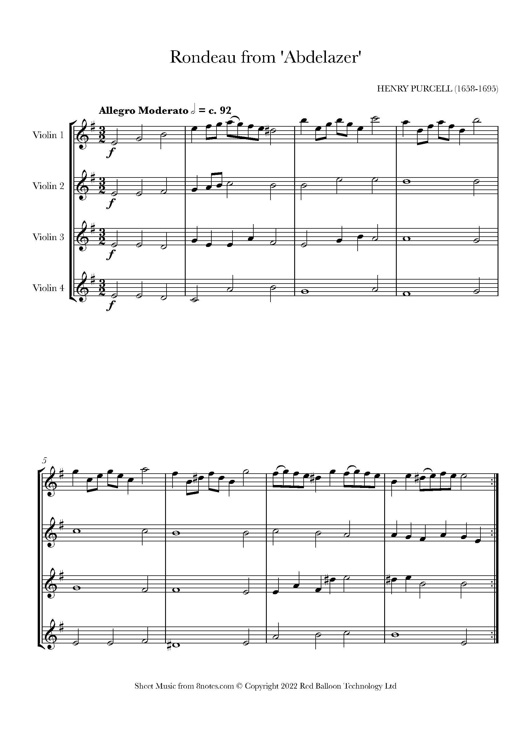 Purcell - Rondeau from Abdelazer Sheet music for Violin Quartet ...