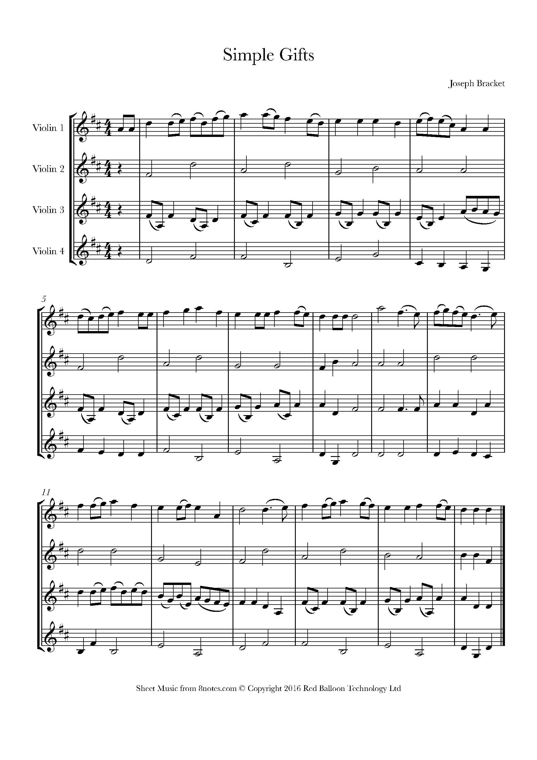 Simple Gifts (appalachian shaker song) Sheet music for Violin Quartet ...