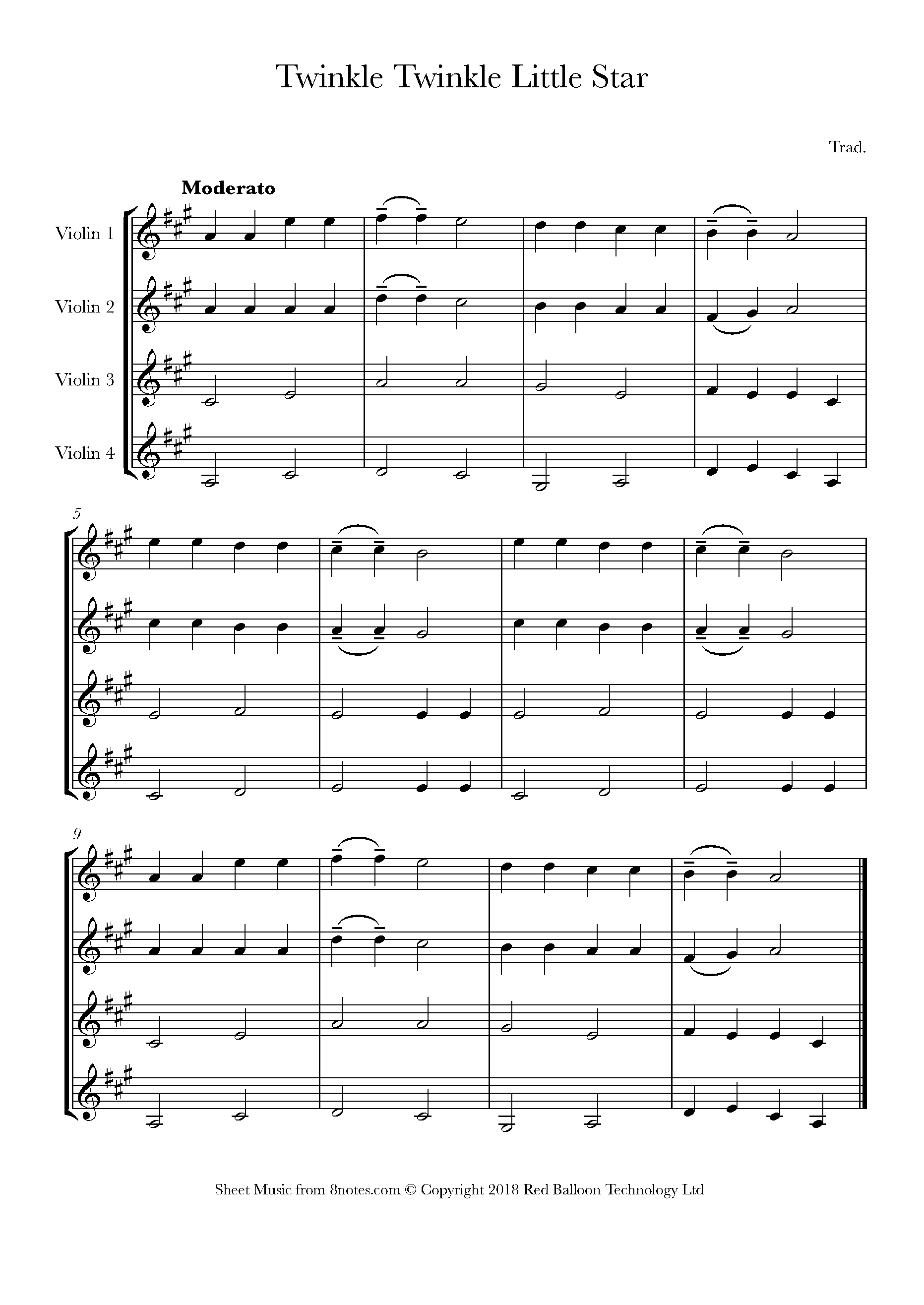 Twinkle Twinkle Little Star Sheet music for Violin Quartet - 8notes.com
