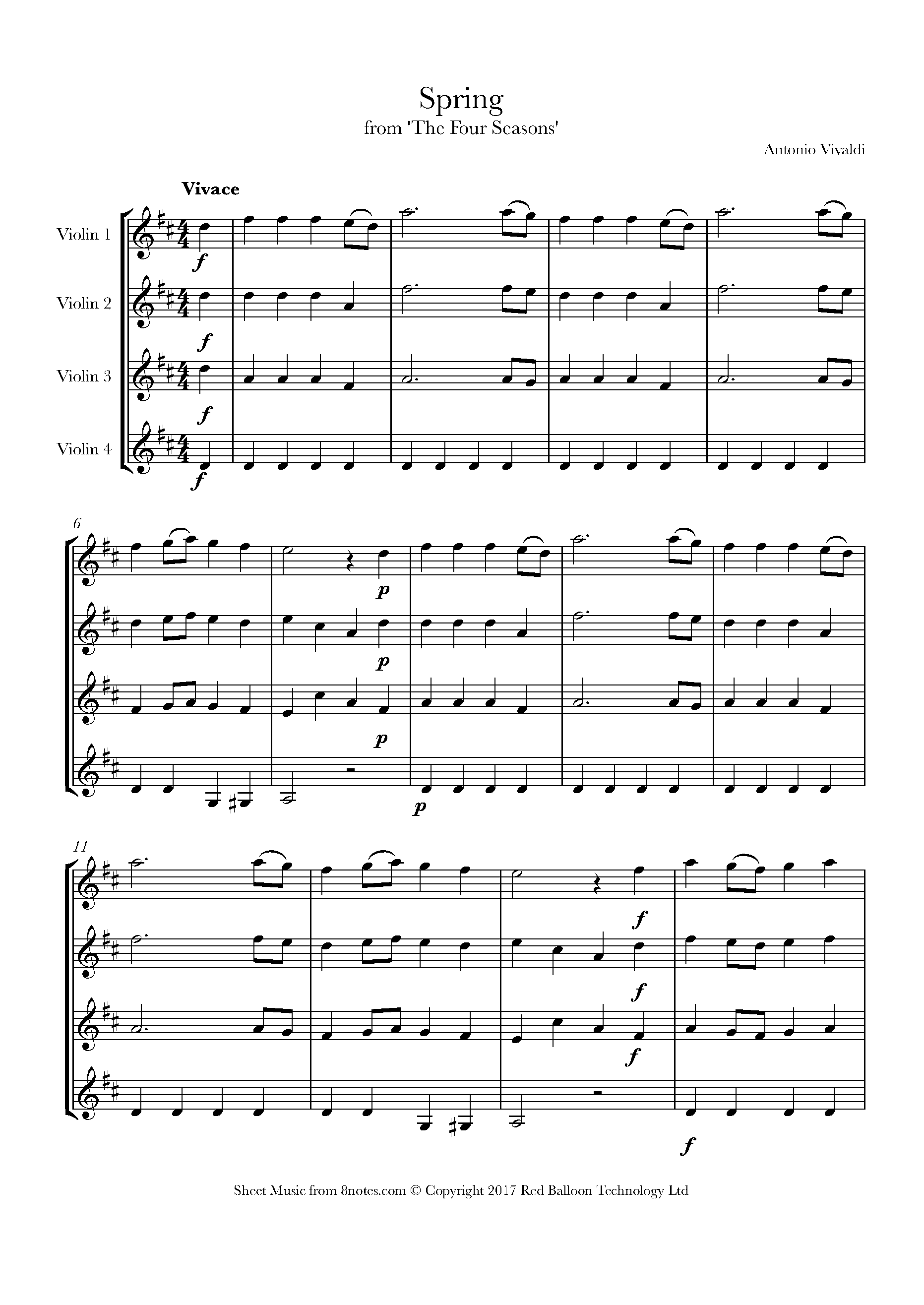 Vivaldi - Spring from the Four Seasons Sheet music for Violin Quartet ...