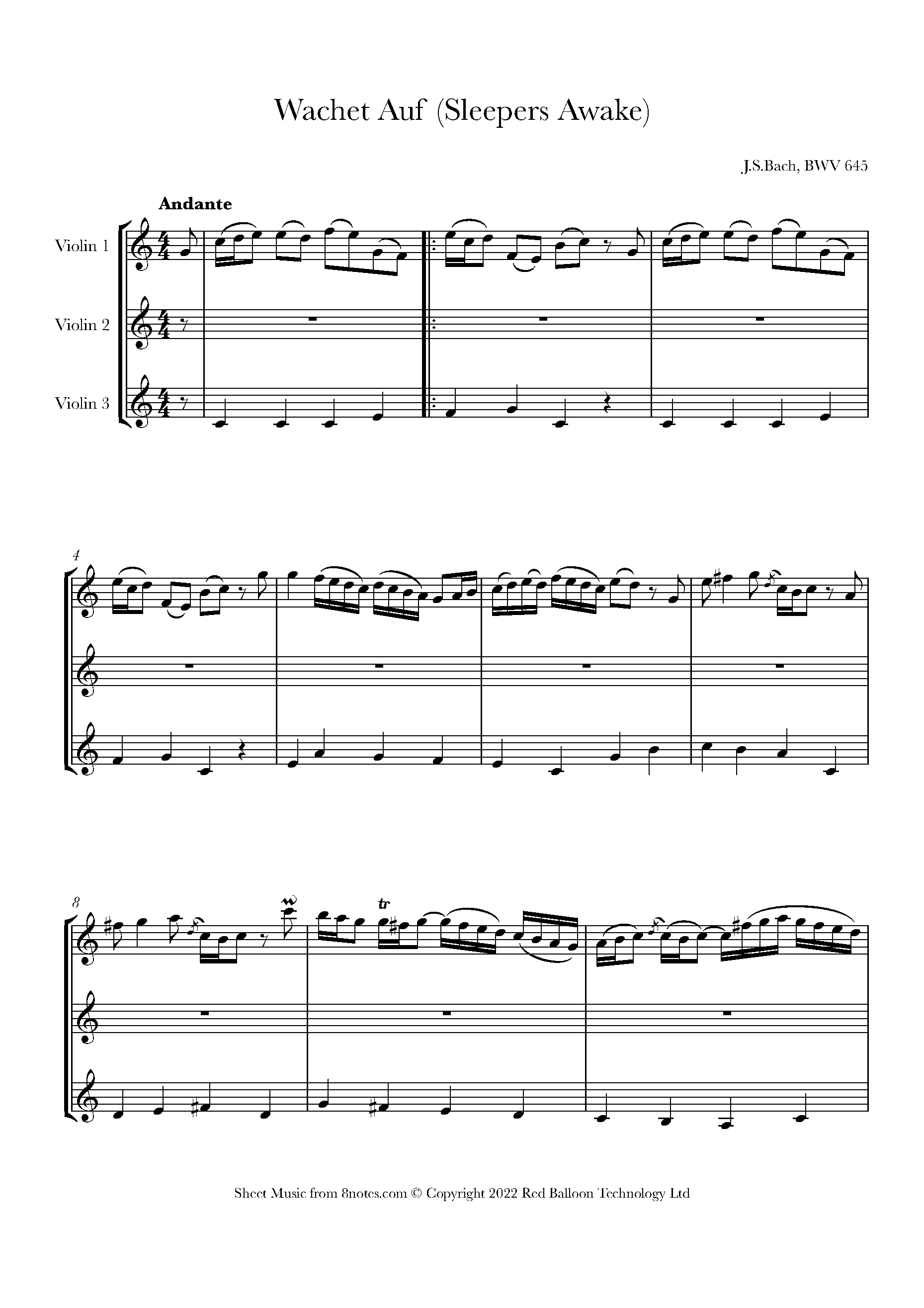 Bach - Wachet Auf (Sleepers Awake) Sheet music for Violin Trio - 8notes.com