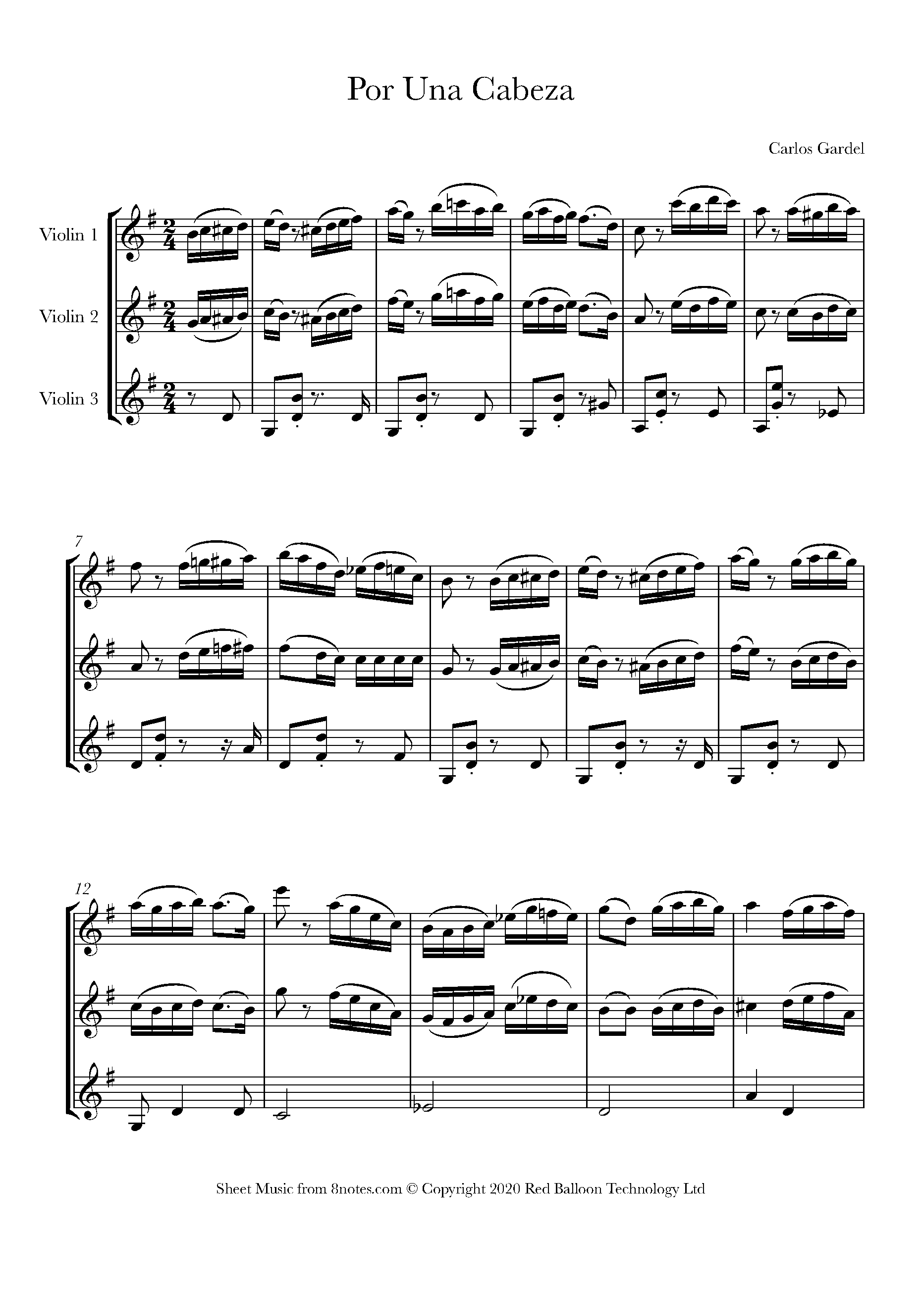 Carlos Gardel - Por Una Cabeza Sheet music for Violin Trio - 8notes.com