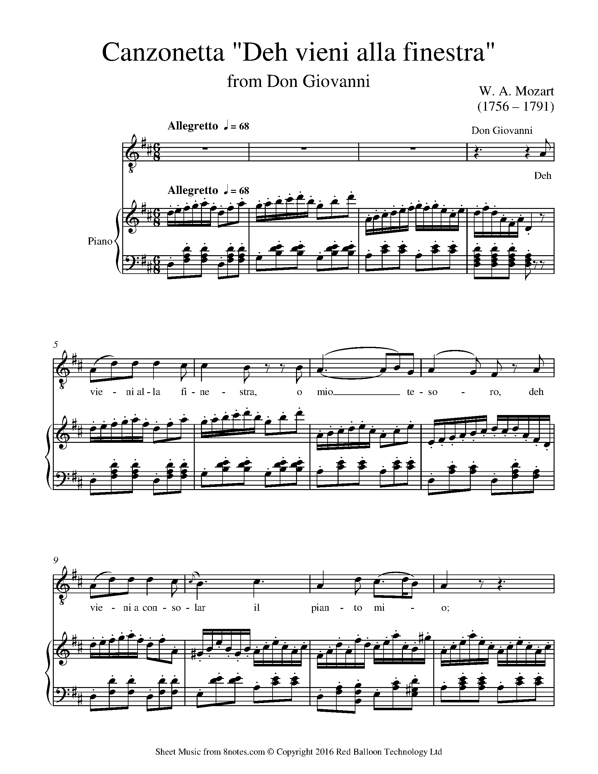 Mozart - Canzonetta - Deh vieni alla finestra from Don Giovanni Sheet ...
