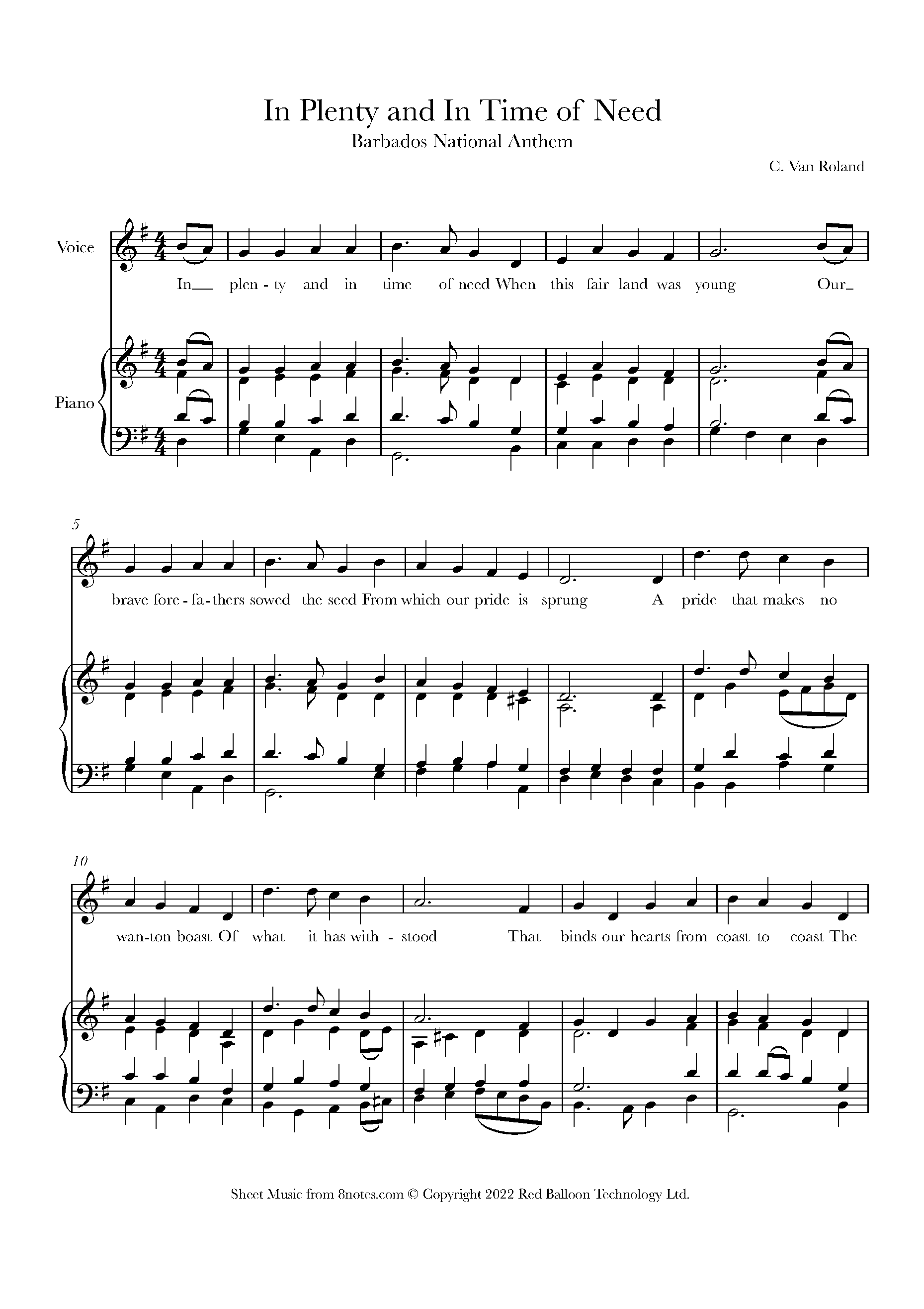 Barbados National Anthem 'In Plenty and In Time of Need' Sheet music ...