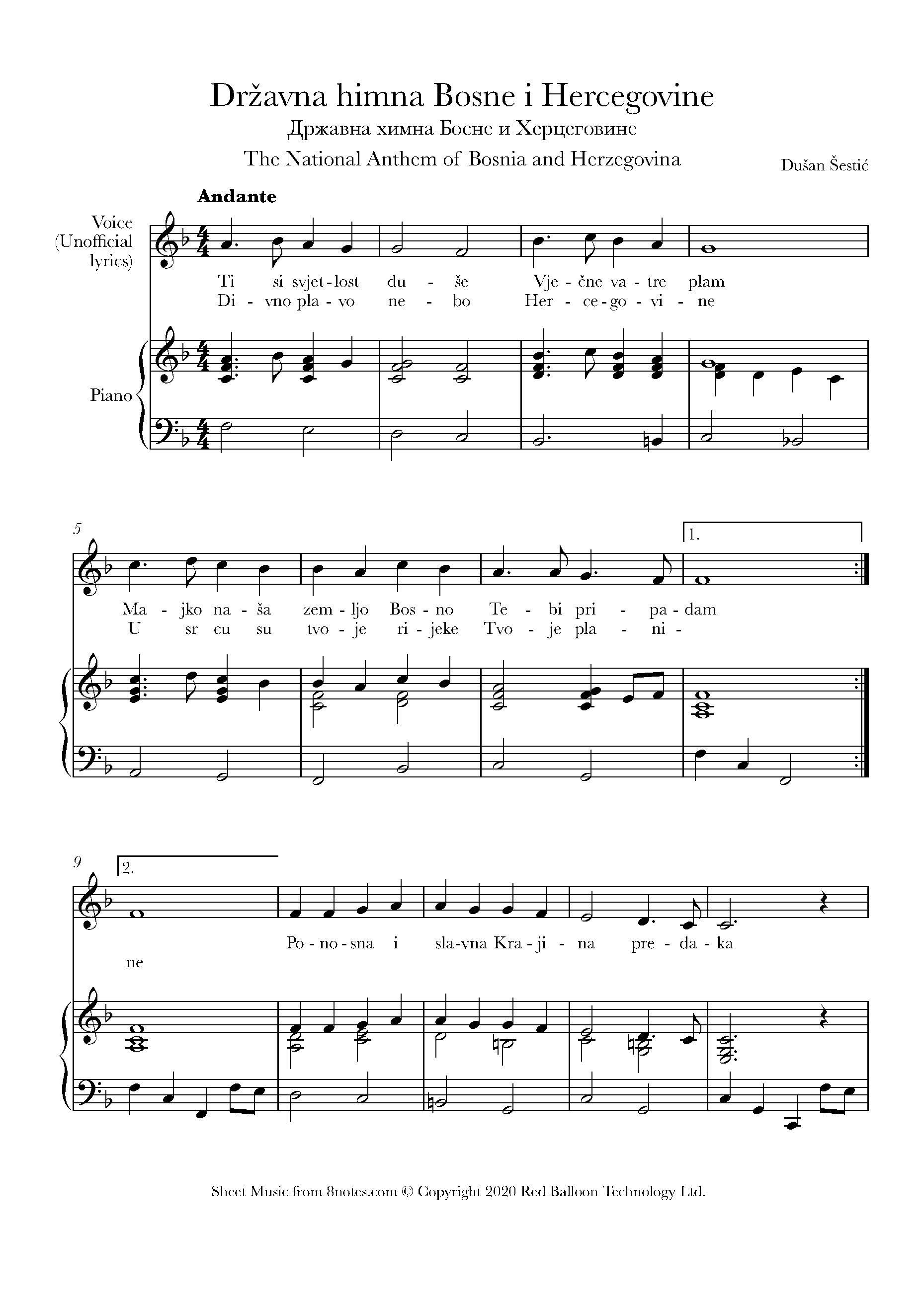 The National Anthem of Bosnia and Herzegovina Sheet music for Voice ...