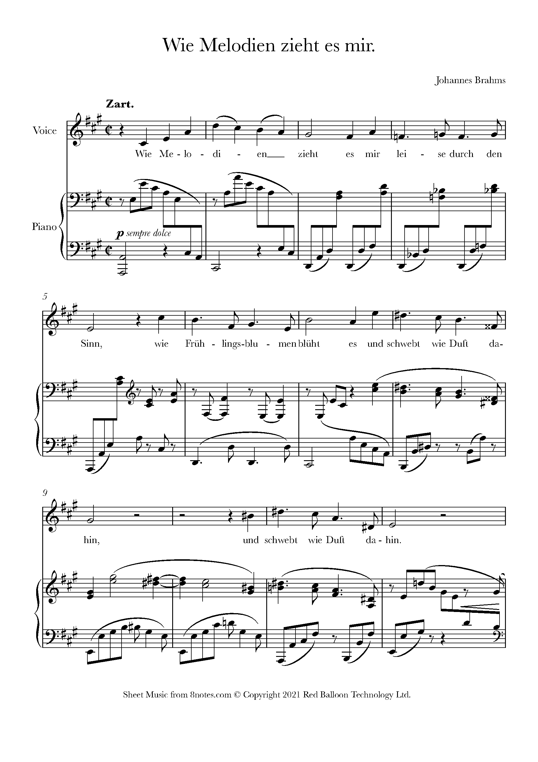 Brahms - Wie Melodien zieht es mir Sheet music for Voice - 8notes.com