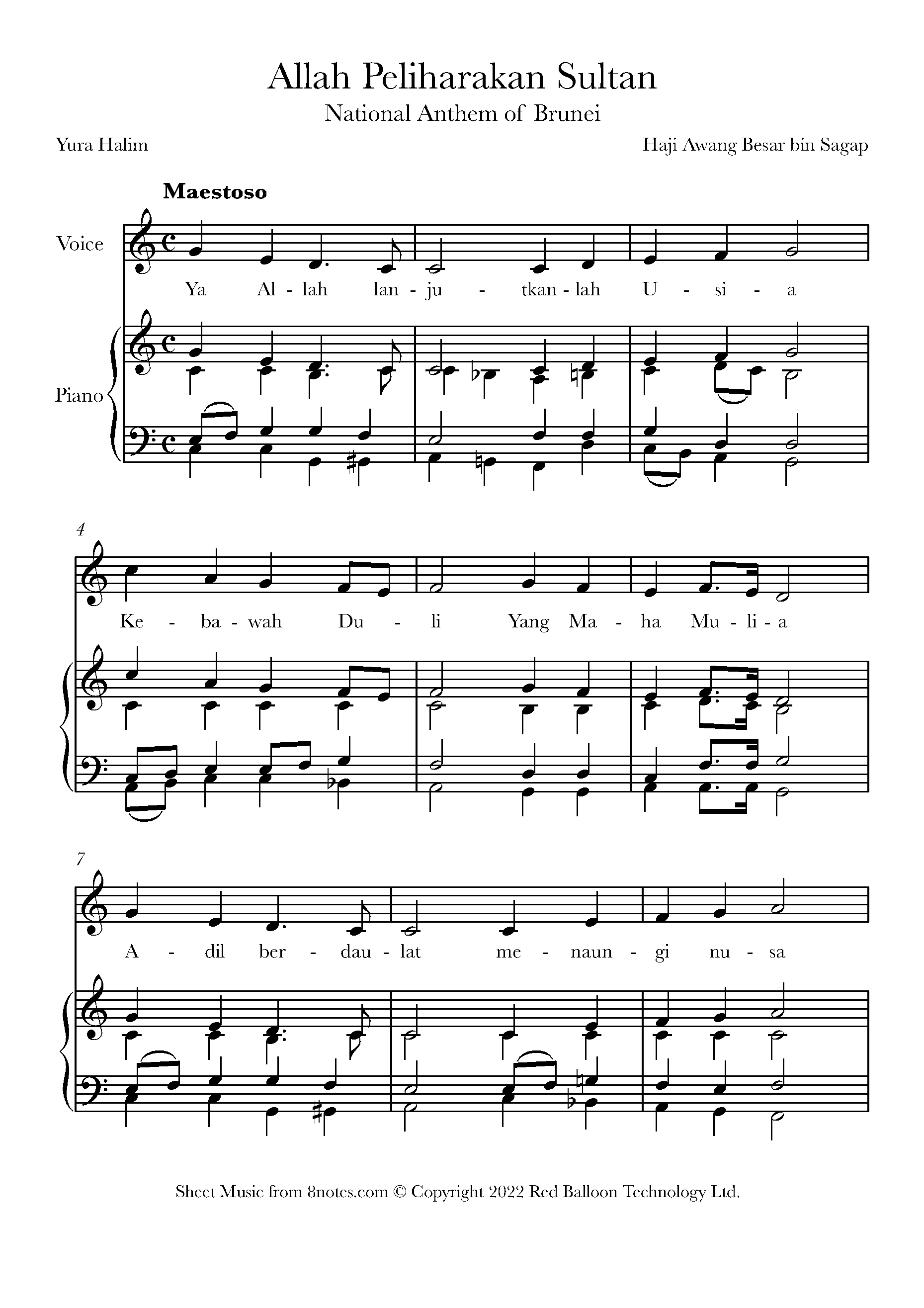 Allah Peliharakan Sultan, National Anthem of Brunei Sheet music for ...