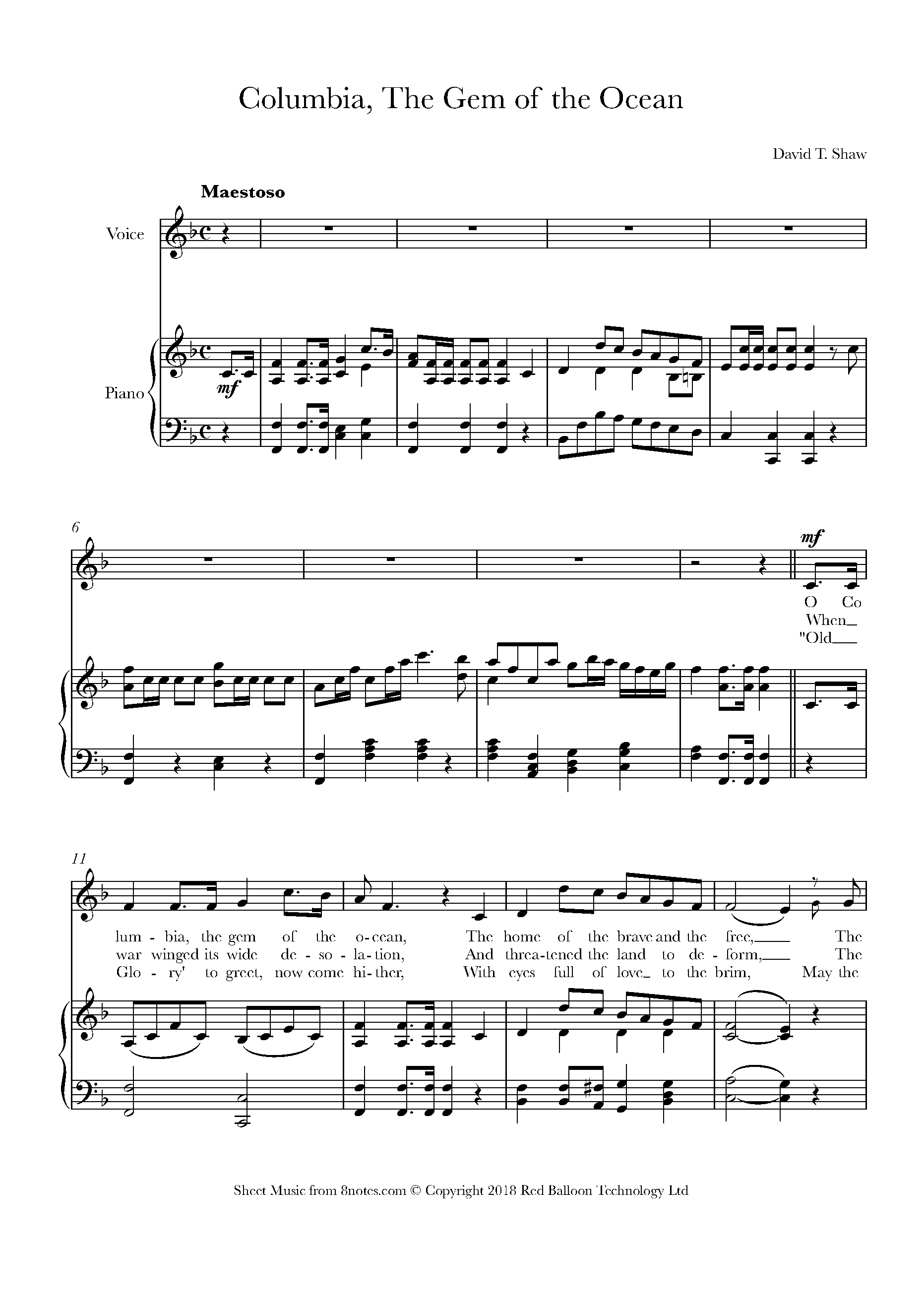 Columbia, The Gem of the Ocean Sheet music for Voice - 8notes.com