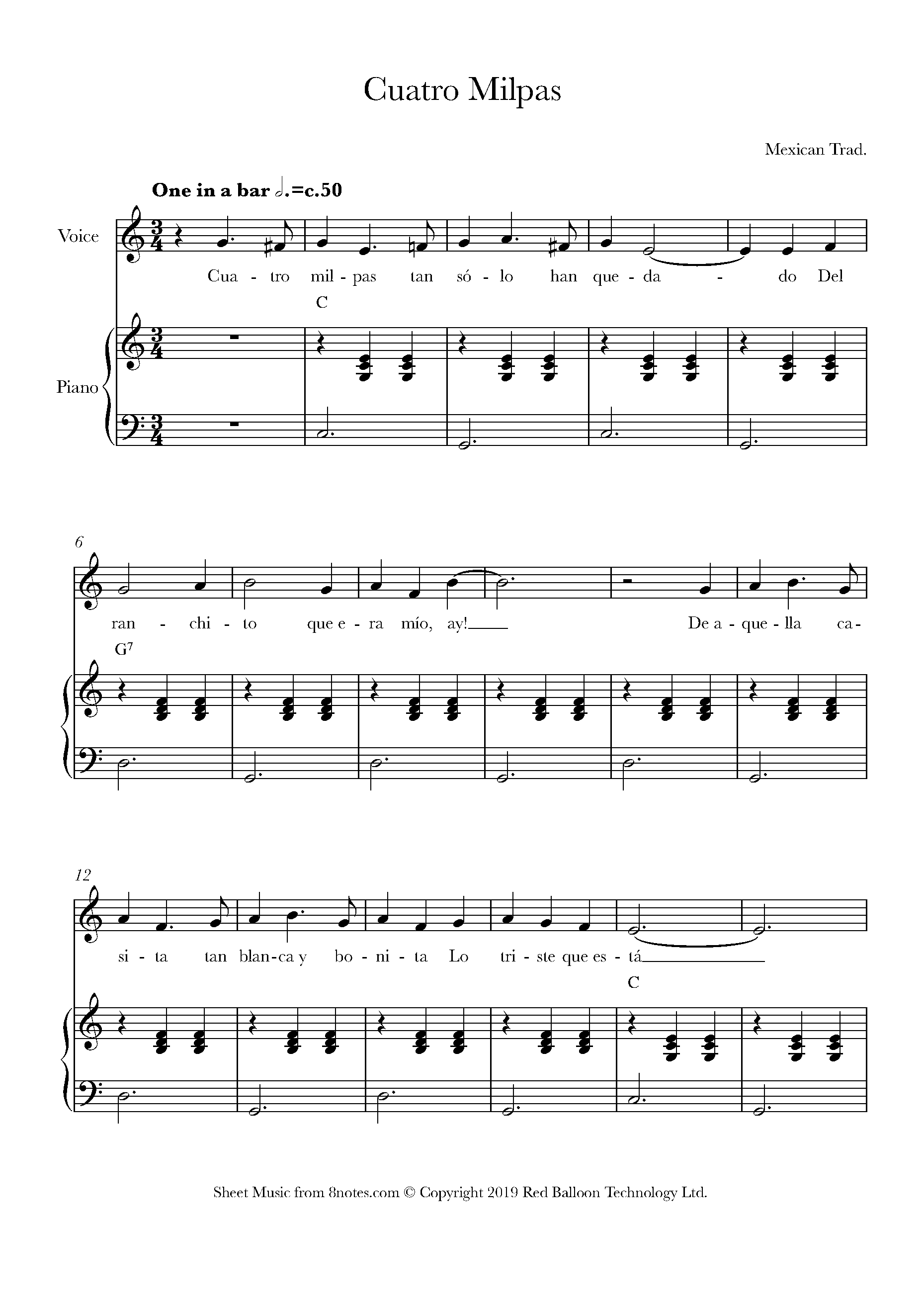Cuatro Milpas (Mexican Traditional Song) Sheet music for Voice - 8notes.com