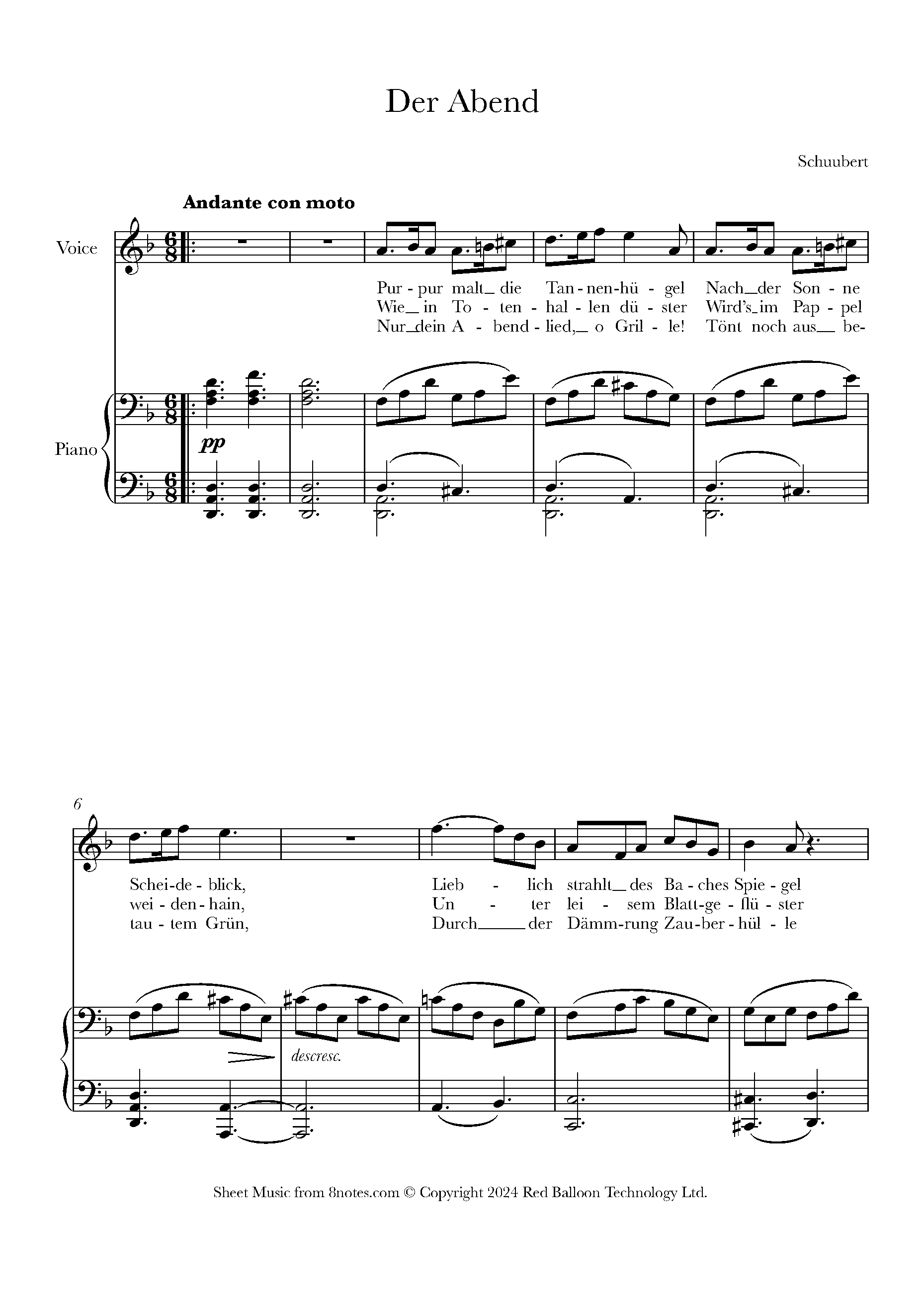 Schubert, Franz - Der Abend, D.108 for Voice - Free Sheet music for ...