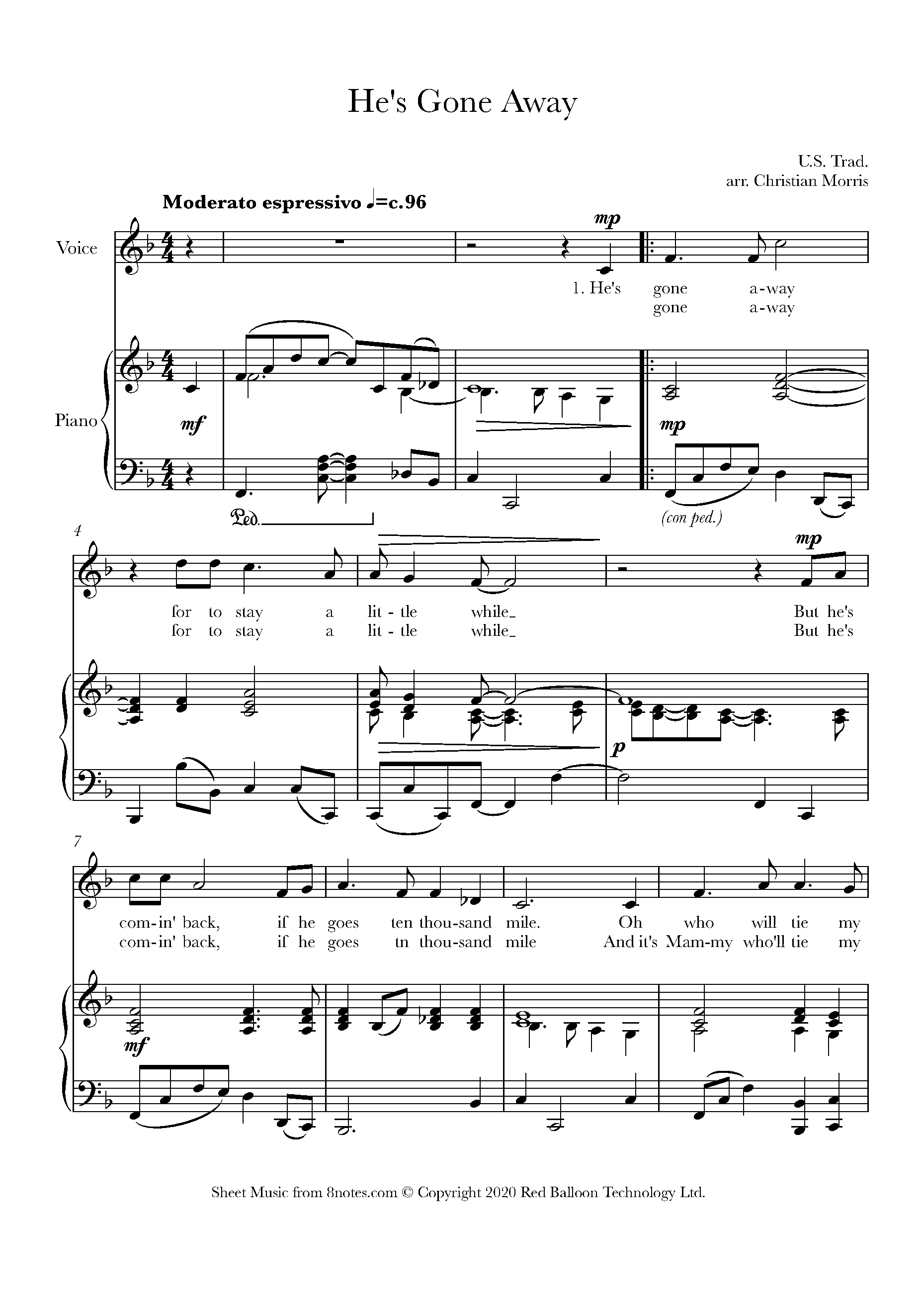 He's Gone Away Sheet music for Voice - 8notes.com