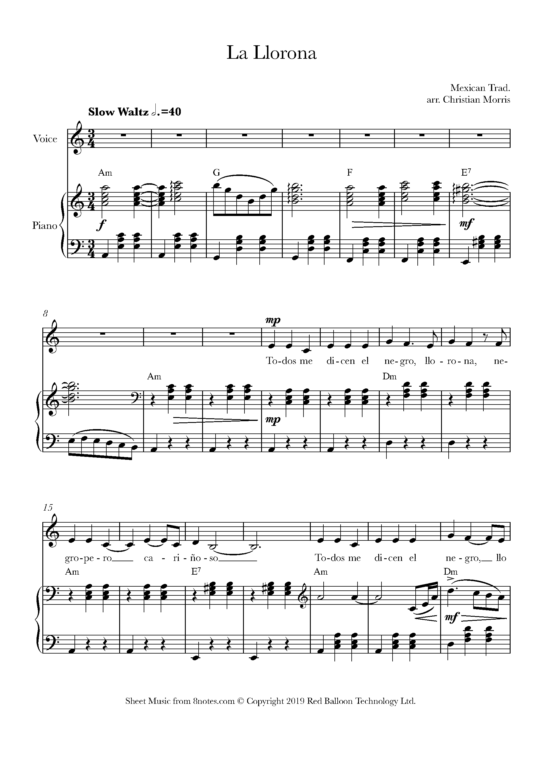 La Llorona (Mexican Traditional Song) Sheet music for Voice - 8notes.com