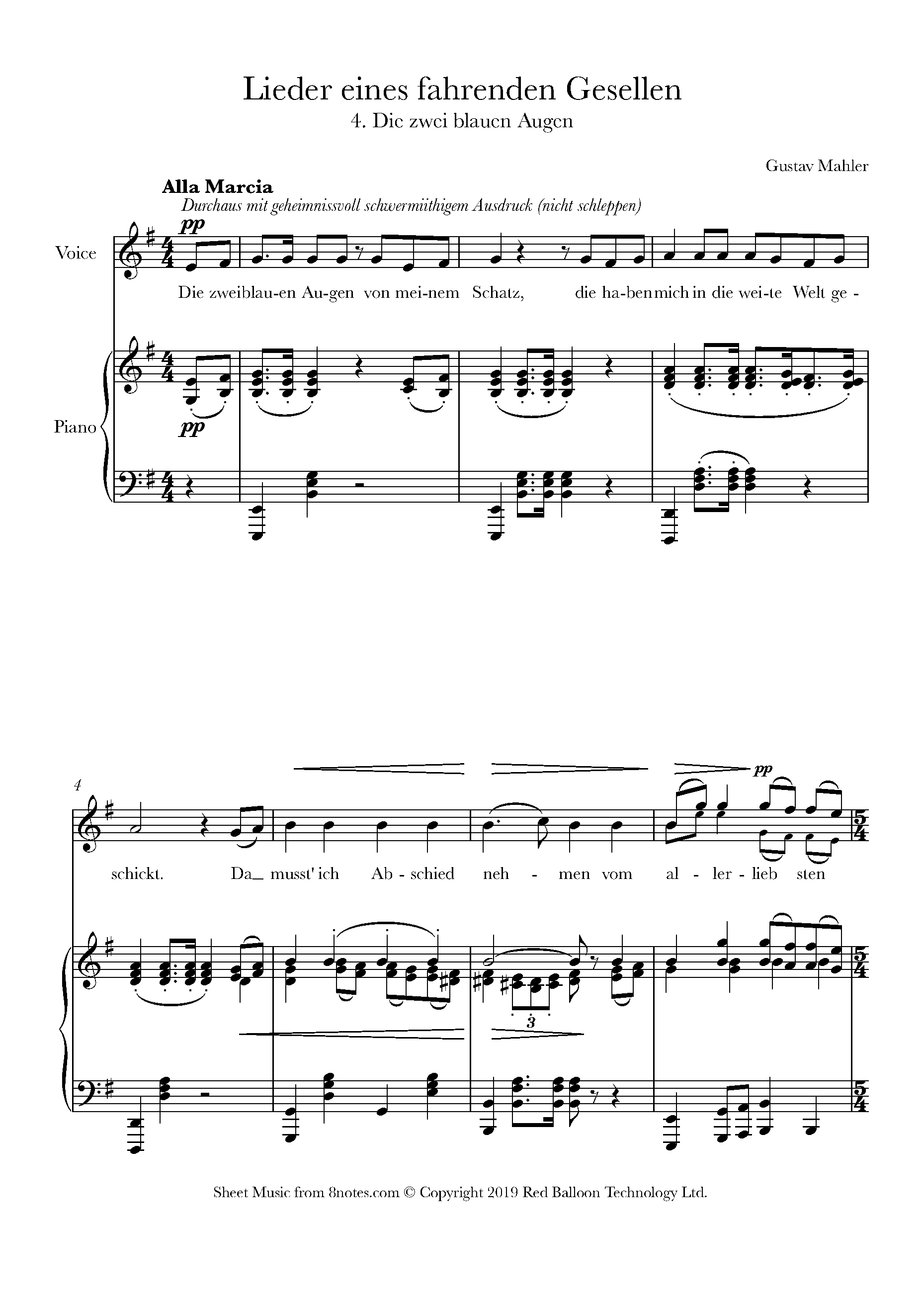 Mahler - Die zwei blauen Augen, No. 4 from Lieder eines fahrenden Gesellen Sheet music for Voice ...