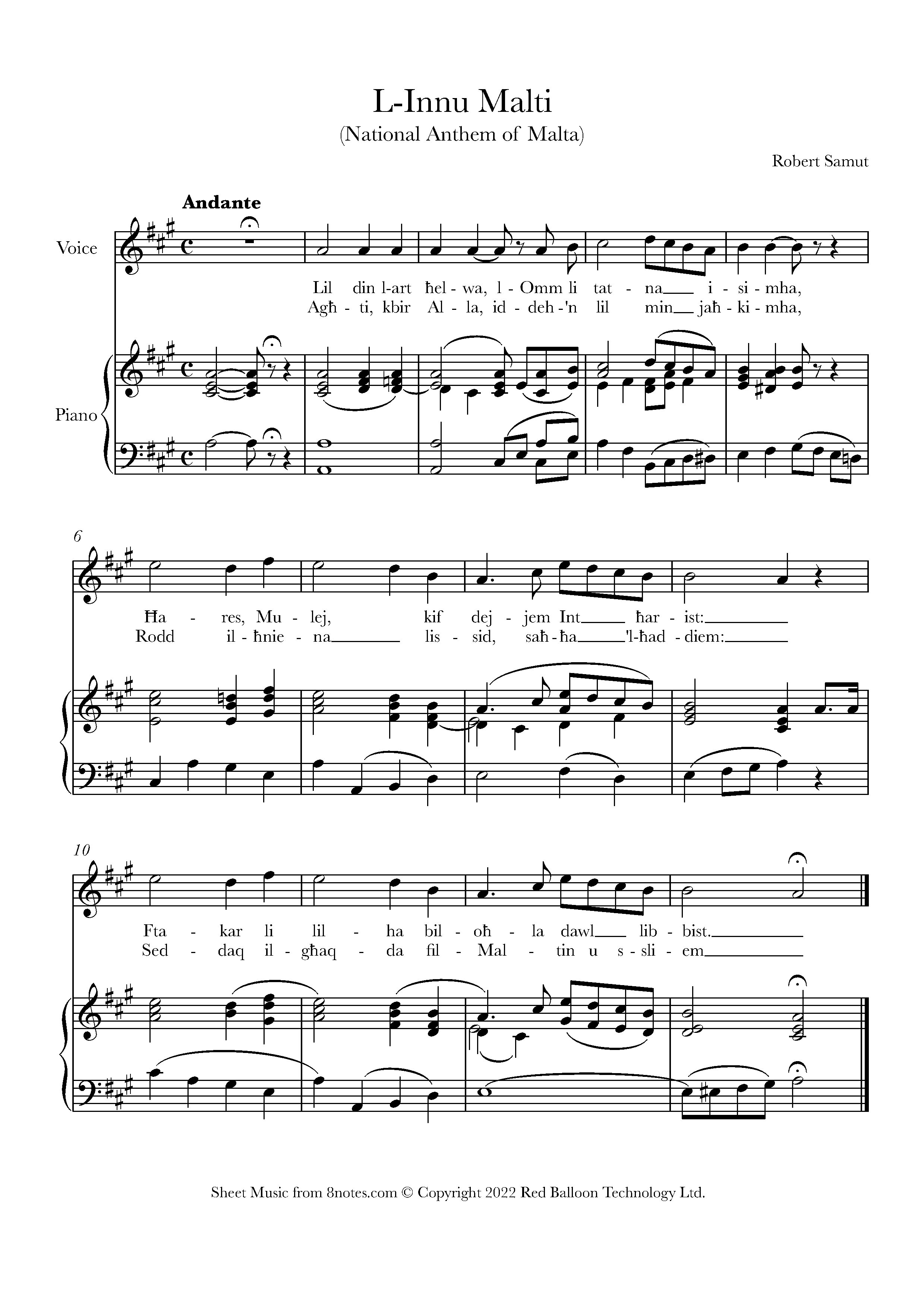 L-Innu Malti (National Anthem of Malta) Sheet music for Voice - 8notes.com