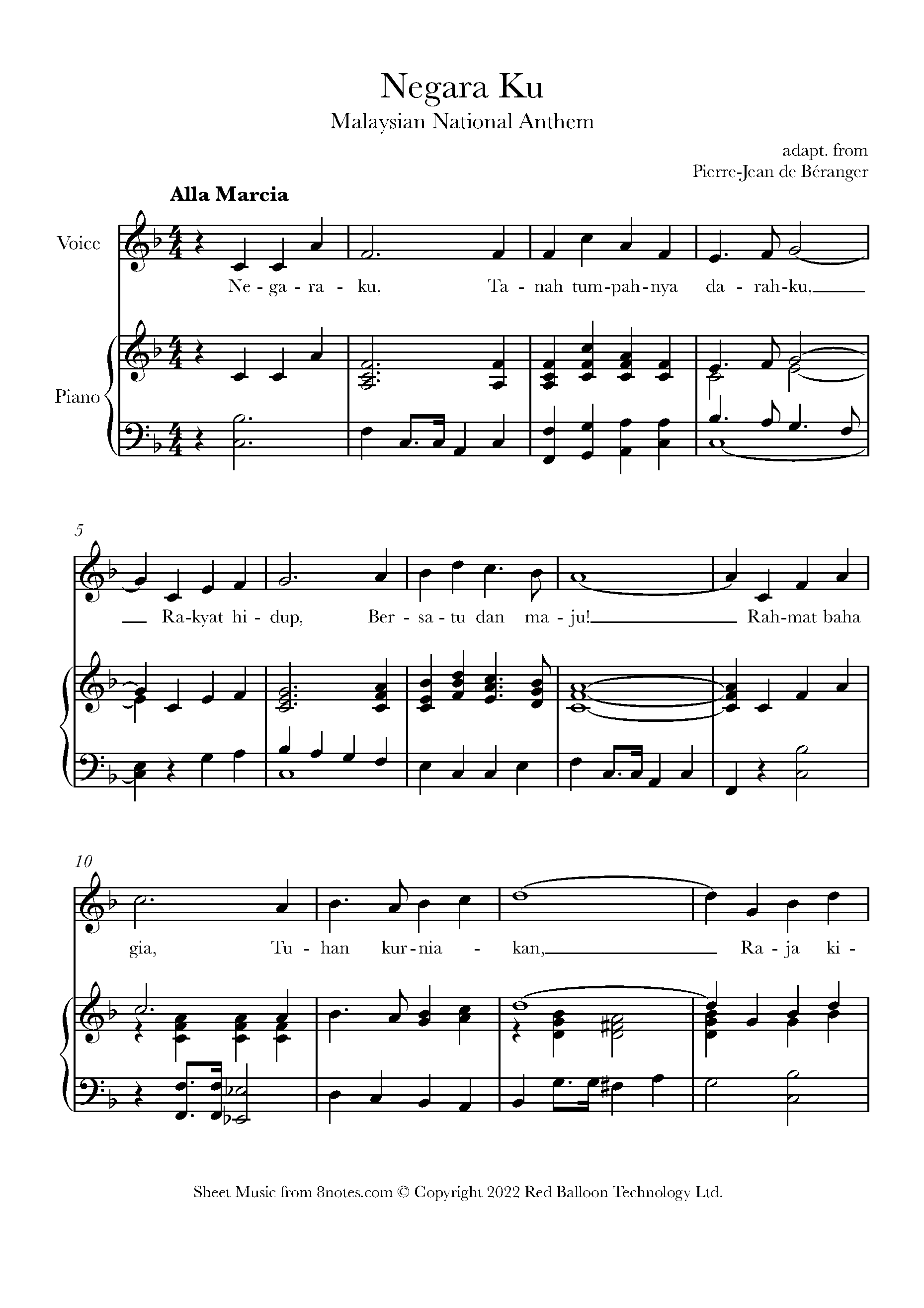 Negara Ku (Malaysian National Anthem) Sheet music for Voice - 8notes.com
