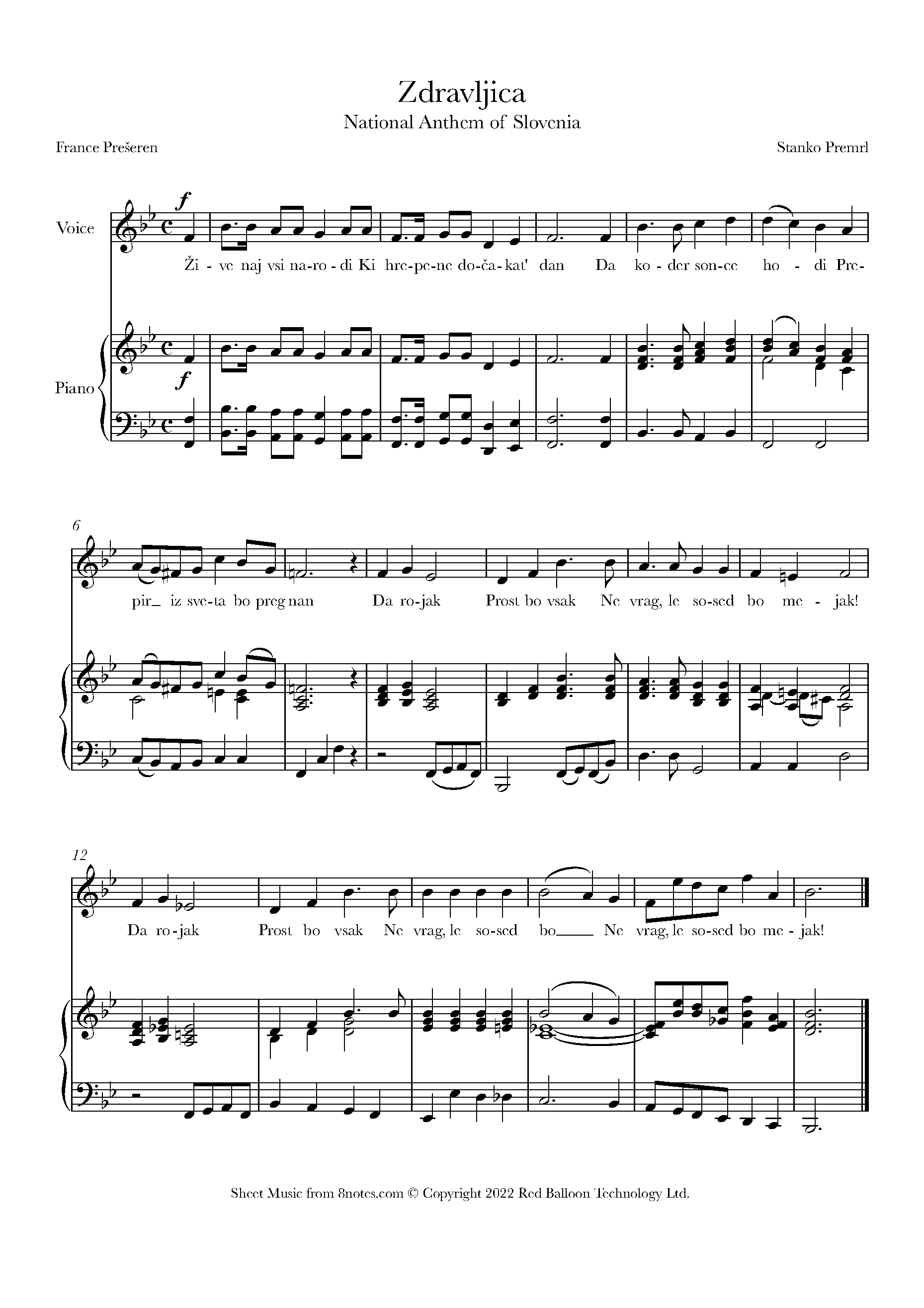Zdravljica (National Anthem of Slovenia) Sheet music for Voice - 8notes.com