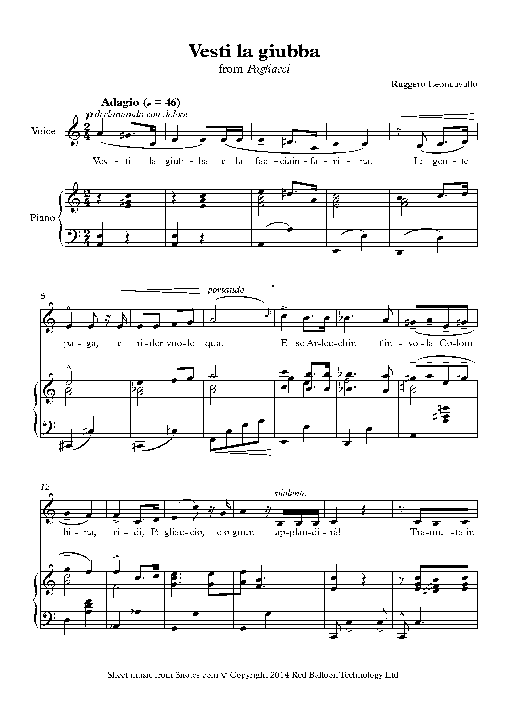 Leoncavallo - Vesti la giubba from Pagliacci Sheet music for Voice ...