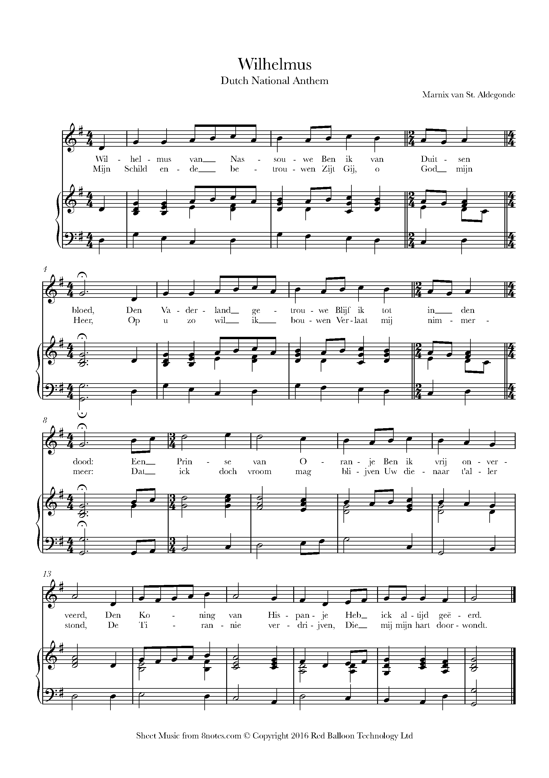 Wilhelmus (Dutch National Anthem) Sheet music for Voice - 8notes.com