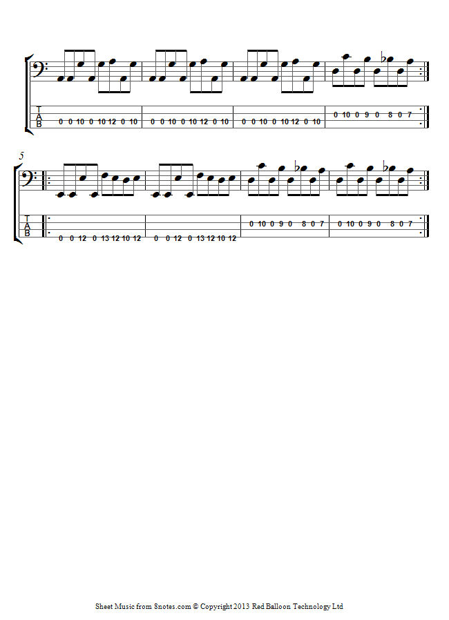 muse - Hysteria - style Bass Riff for Bass Guitar Riff Lesson - 8notes.com