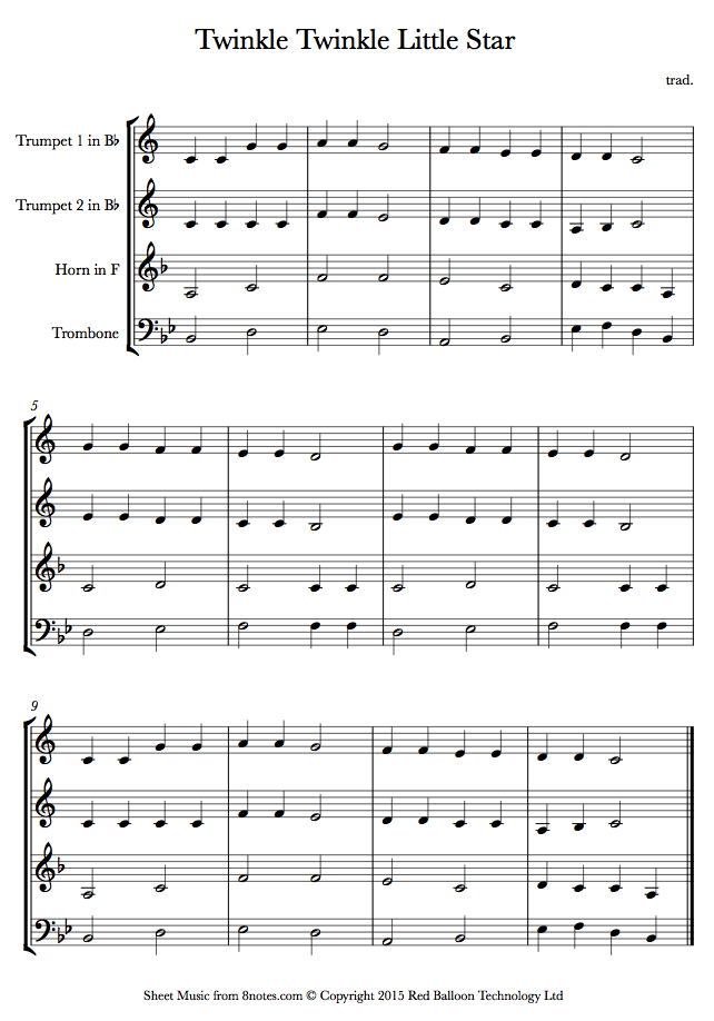 Twinkle Twinkle Little Star sheet music for Brass Quartet - 8notes.com