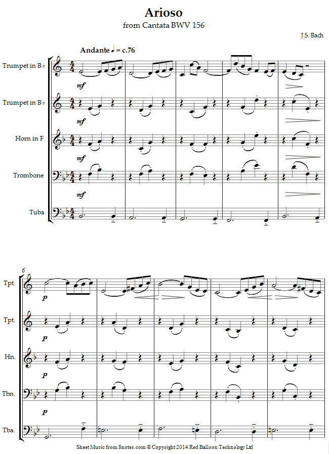 Bach - Arioso from Cantata BWV 156 sheet music for Brass Quintet ...
