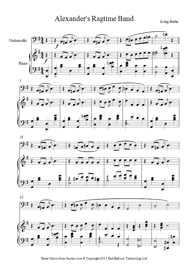 Irving Berlin - Alexanders Ragtime Band sheet music for Cello - 8notes.com