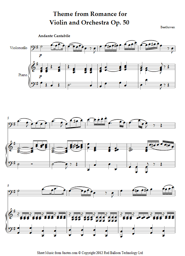 Beethoven - Theme from Romance for Violin and Orchestra sheet music for ...