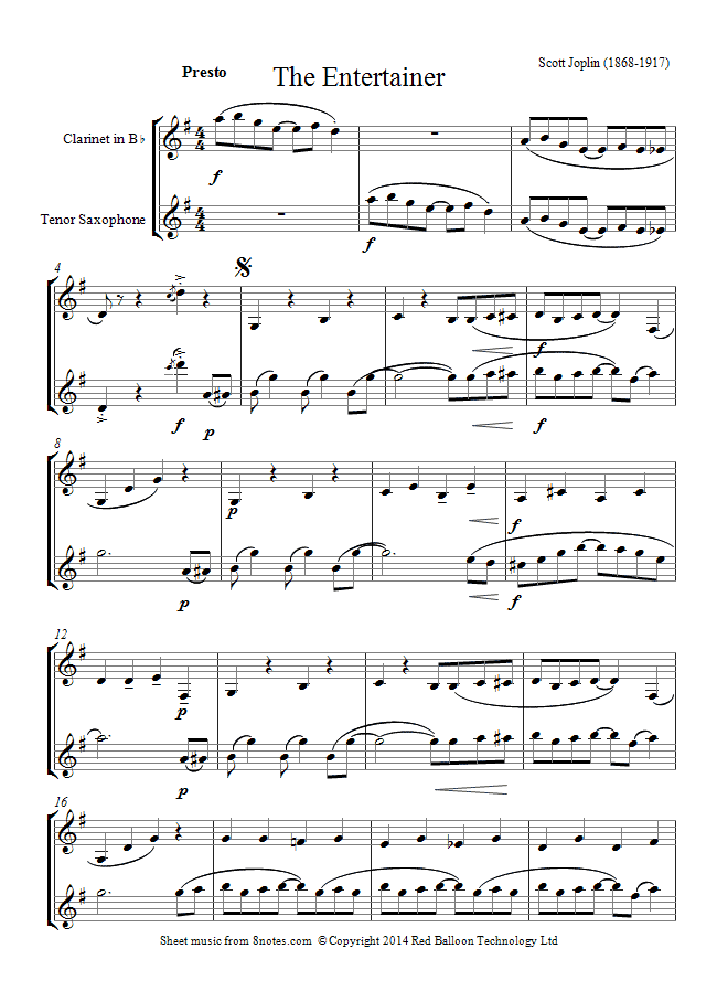 Scott Joplin - The Entertainer sheet music for Clarinet-Tenor Saxophone ...