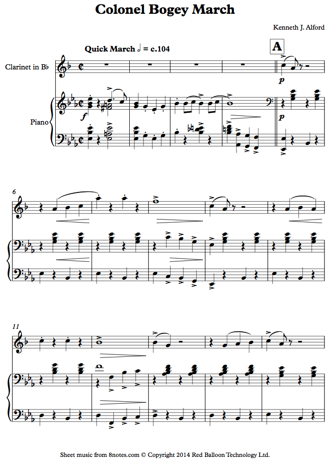 Alford - Colonel Bogey March sheet music for Clarinet - 8notes.com