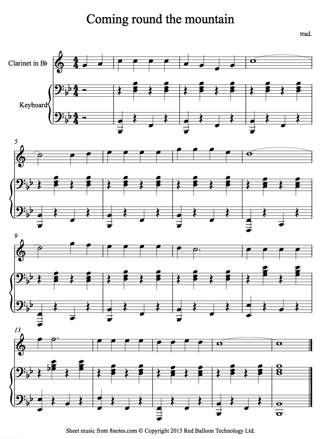 Coming round the mountain sheet music for Clarinet - 8notes.com