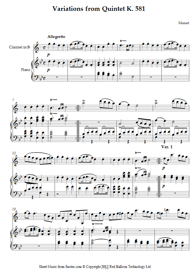Mozart - Variations from Quintet K. 581 sheet music for Clarinet ...