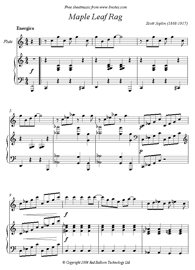 Scott Joplin - Maple Leaf Rag sheet music for Flute - 8notes.com