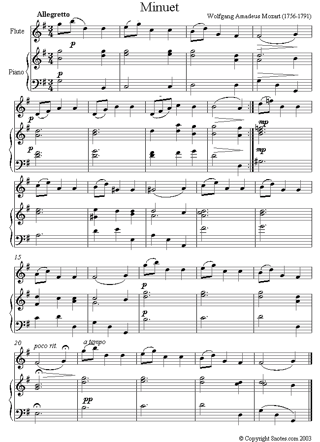 Mozart - Minuet sheet music for Flute - 8notes.com