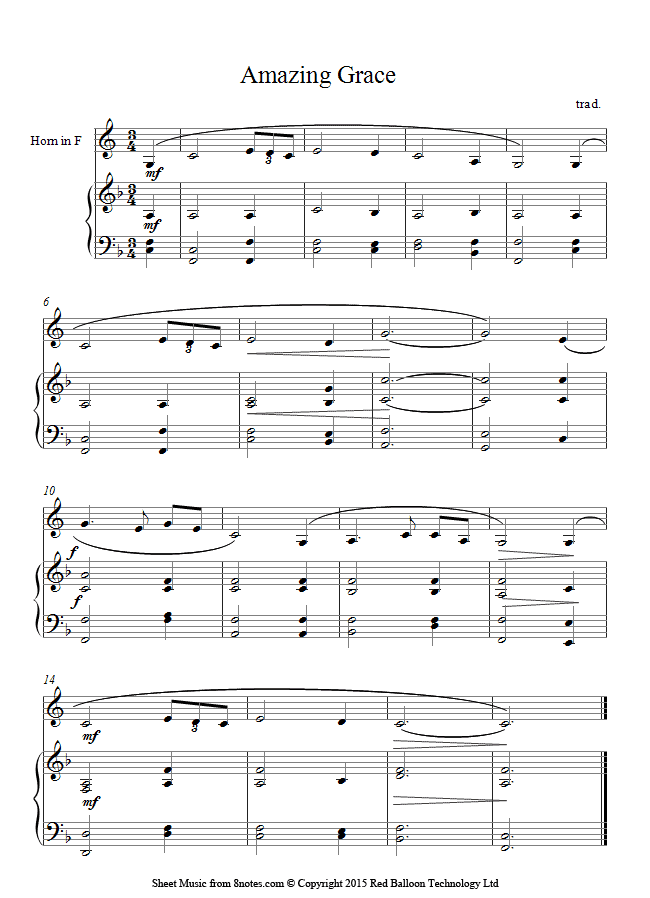 Amazing Grace sheet music for French Horn - 8notes.com