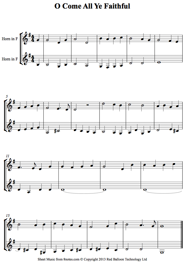 O Come All Ye Faithful sheet music for French Horn Duet - 8notes.com