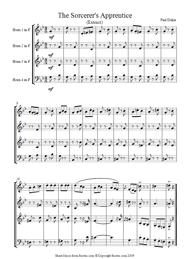 Dukas - The Sorcerers Apprentice (extract) sheet music for French Horn ...