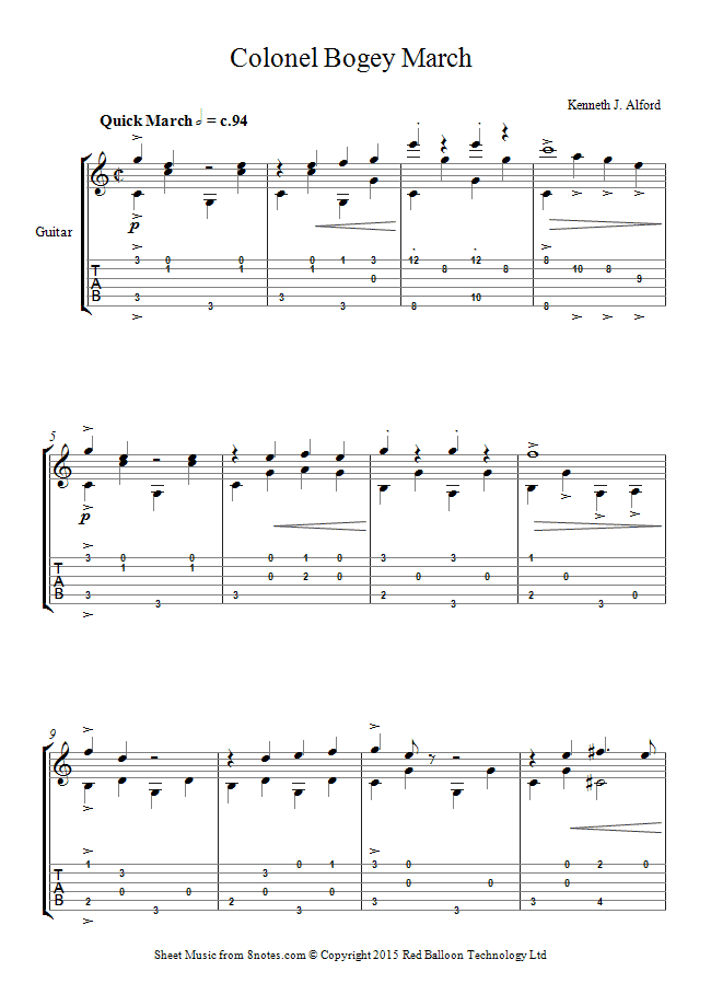 Alford - Colonel Bogey March sheet music for Guitar - 8notes.com