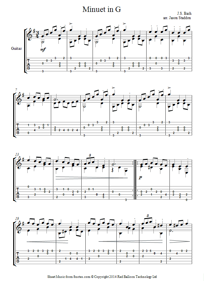 Bach - Minuet in G sheet music for Guitar - 8notes.com