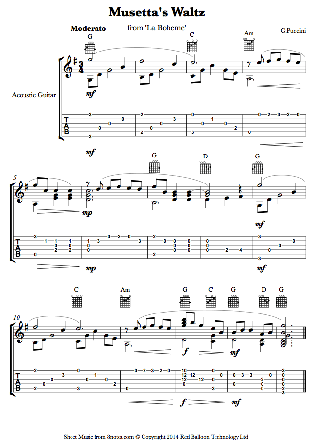 Puccini - Musetta's Waltz from 'La Boheme' sheet music for Guitar ...