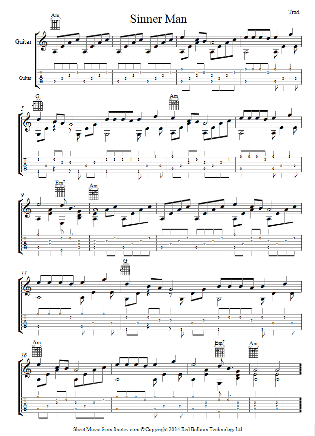 Sinner Man sheet music for Guitar - 8notes.com