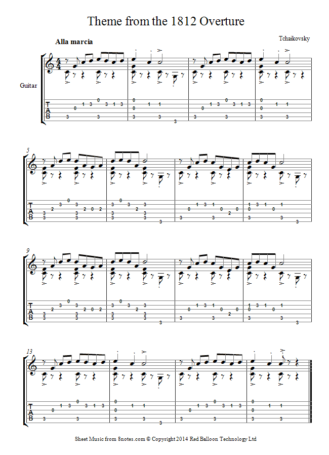 Tchaikovsky - Theme from the 1812 Overture sheet music for Guitar ...