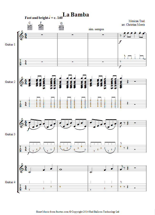La Bamba sheet music for Guitar Ensemble - 8notes.com