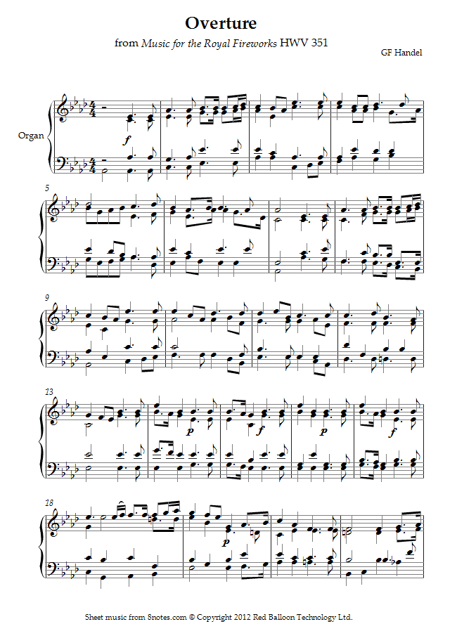 Handel - Overture from Music for the Royal Fireworks HWV 351 sheet ...