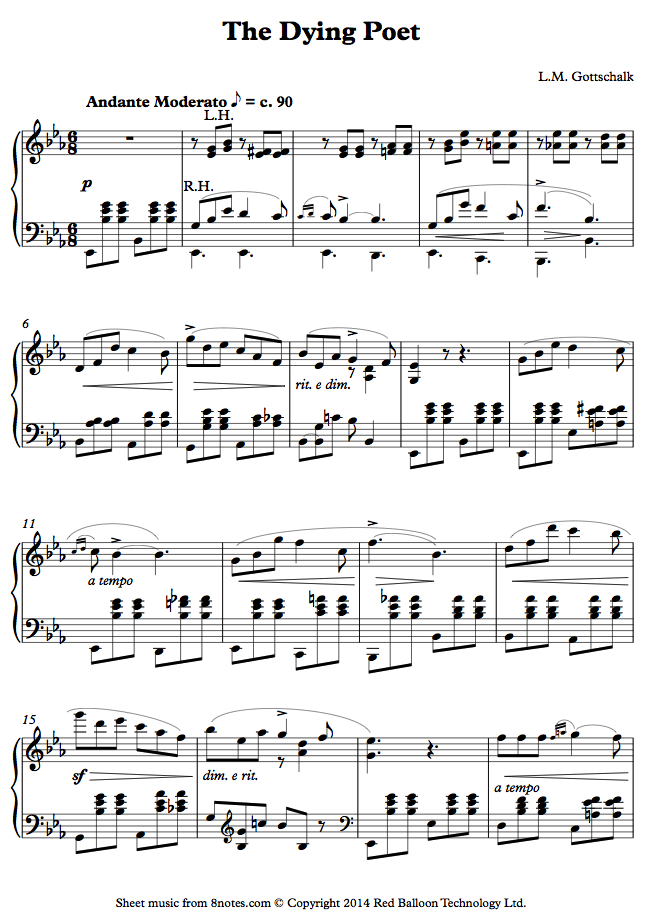 Gottschalk, Louis - The Dying Poet sheet music for Piano - 8notes.com