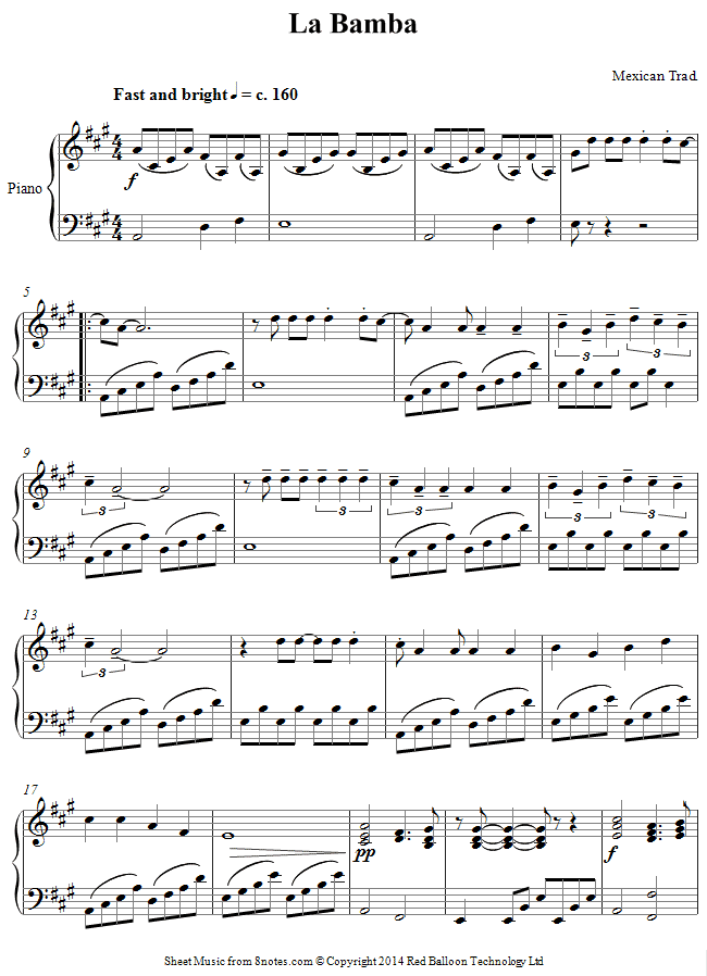 La Bamba sheet music for Piano - 8notes.com