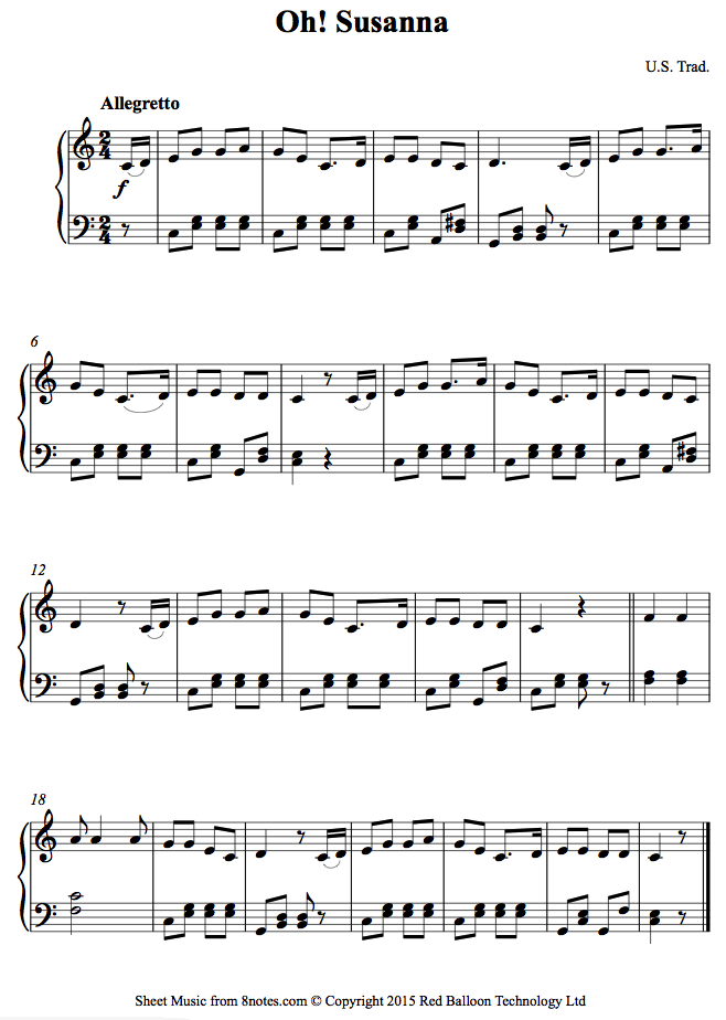 Stephen Foster - Oh Susanna sheet music for Piano - 8notes.com