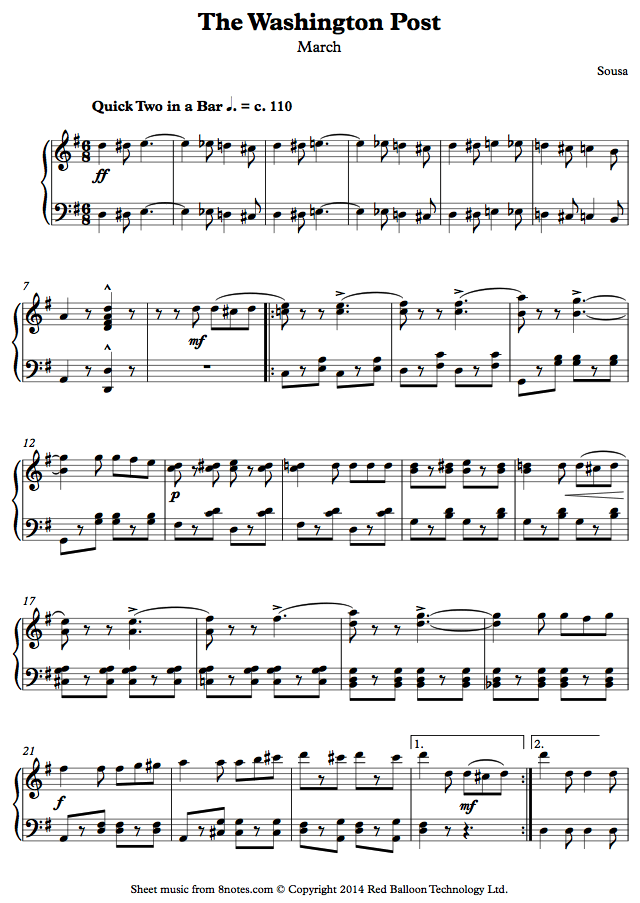 Sousa - The Washington Post March sheet music for Piano - 8notes.com